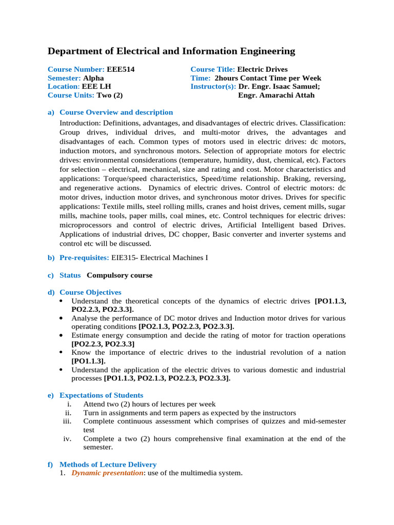 EEE514 - Electric Drives - LEARNING OUTCOME - Course Compact | PDF | Electric Motor | Engines