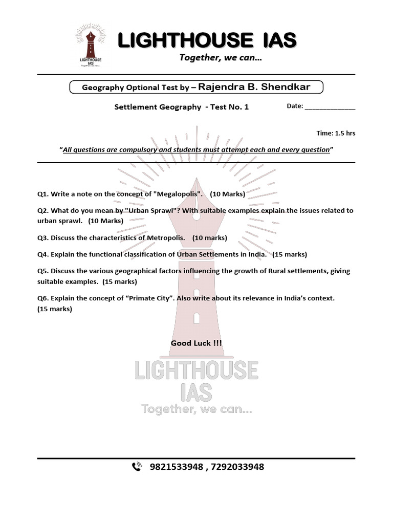 Settlement Geography Test - 1 | PDF