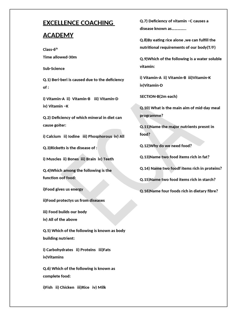 Class 6 Science Quiz on Nutrition | PDF