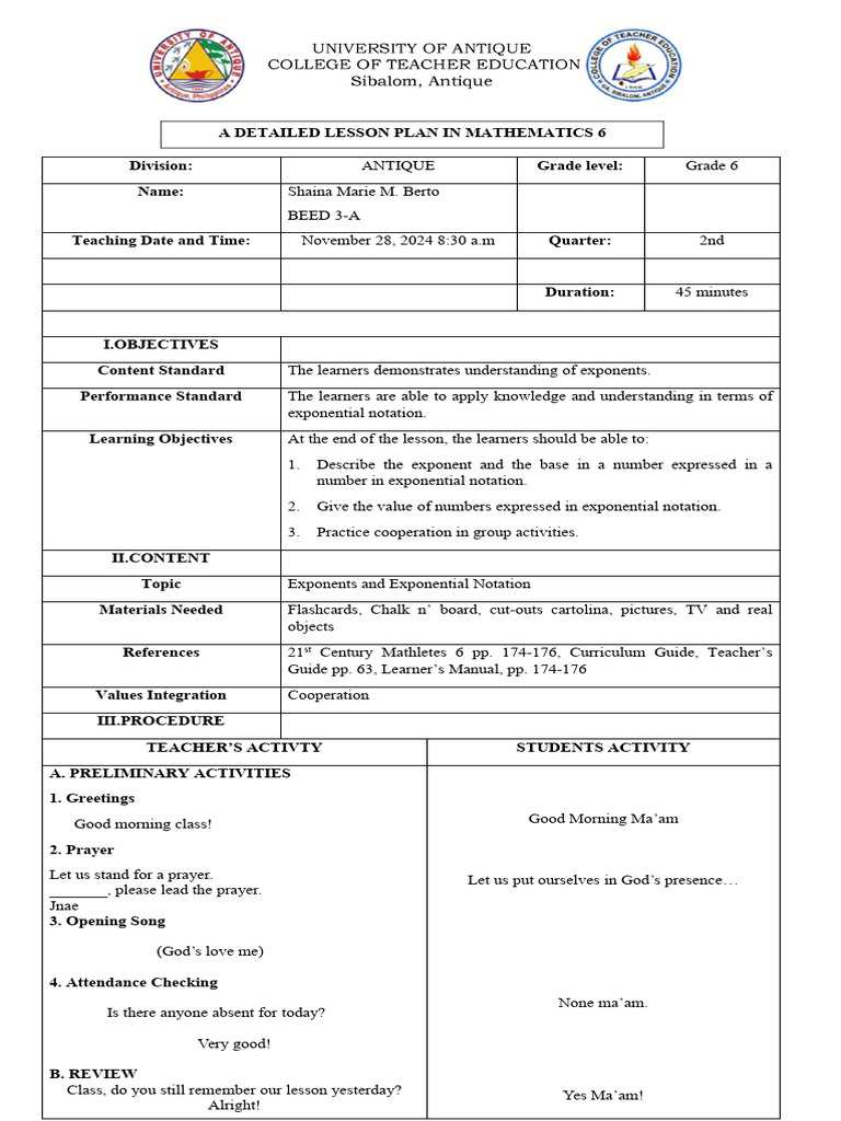 Detailed Lesson Plan in Mathematics | PDF | Multiplication | Exponentiation