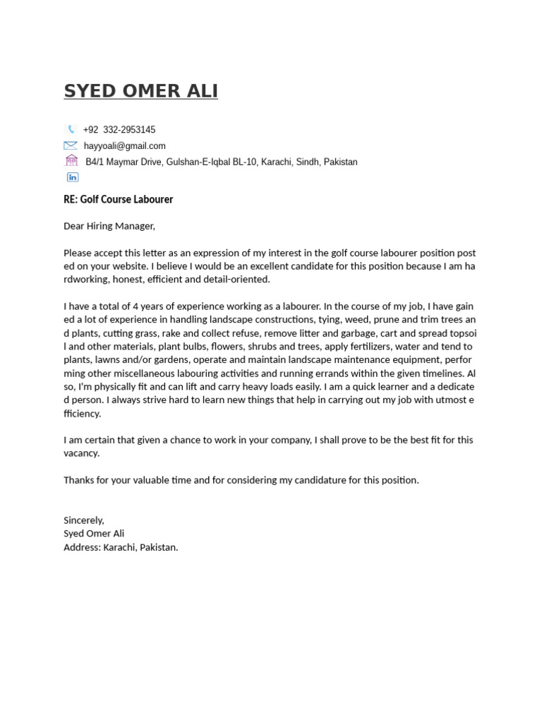 Cover Letter-Golf Course Labourer | PDF