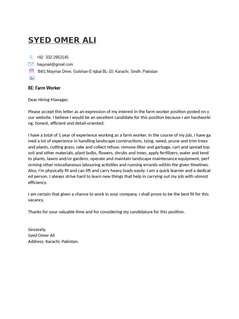 Cover Letter-Farm Worker | PDF