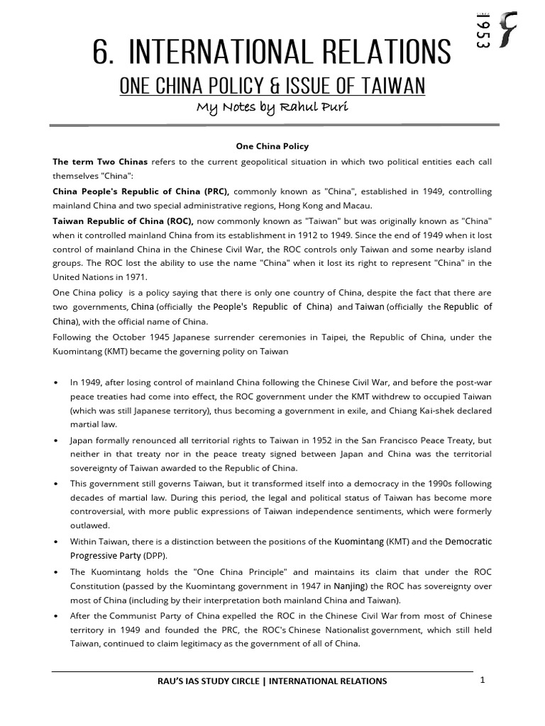 One China Policy and Taiwan Relations | PDF | Taiwan | Mainland China