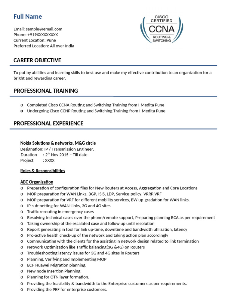 CCNA Resume - Template 4 | PDF | Computer Network | Router (Computing)