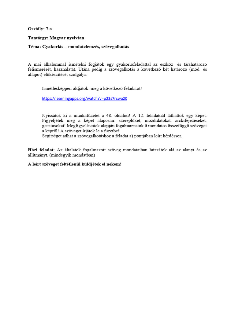 0416 Nyelvtan 7a | PDF