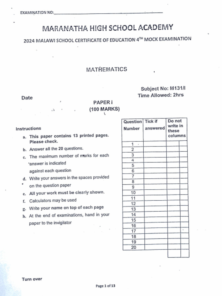 Maranatha Academy Mock 4 Mathematics Paper I | PDF