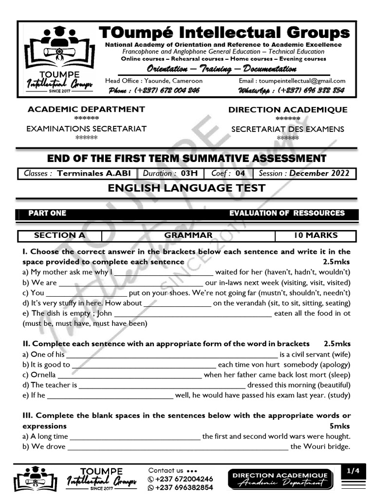 PREUVE D'ANGLAIS ET CORRIGÉ CLASSE DE TLE A.ABI TOUMPE INTELLECTUAL GROUP CAMEROUN | PDF ...