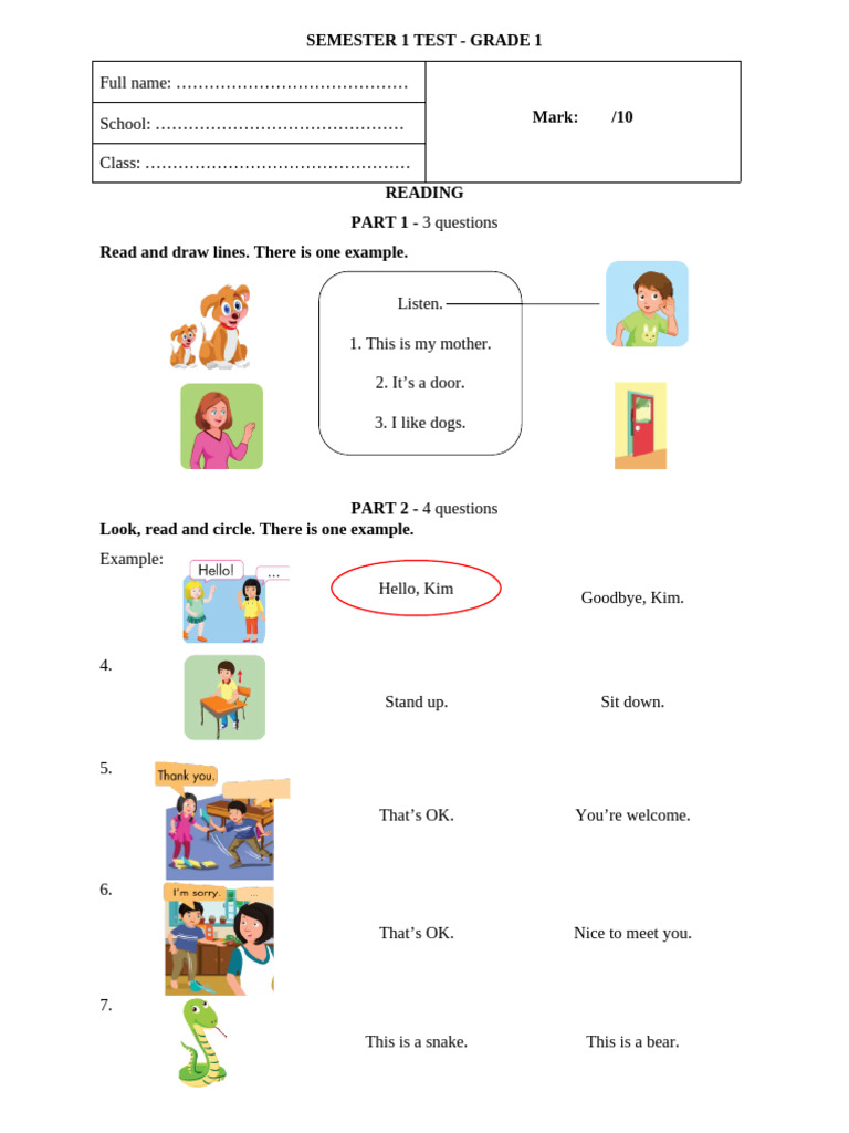 Grade 1 Semester 1 Test Document | PDF