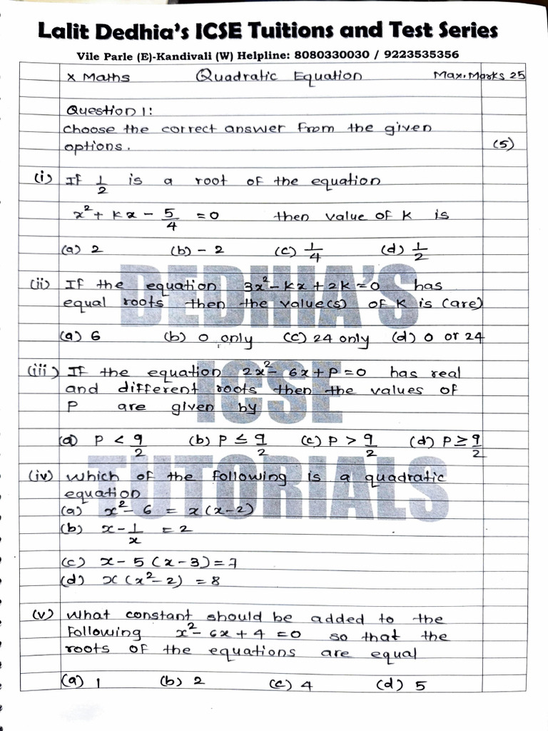 Quadratic Equation I QP | PDF