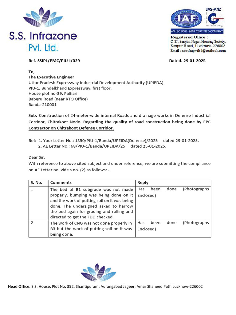 SSIPL Letter No. 29 Reg The Quality of Road Construction Being Done by ...