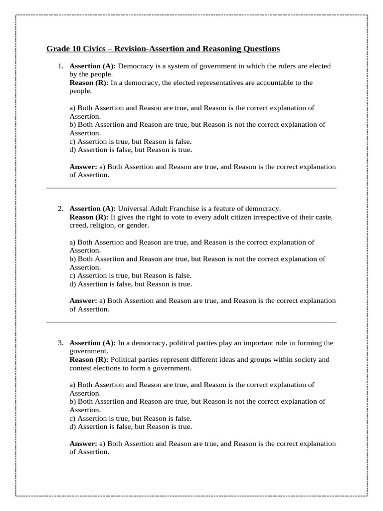 Civics-Mcqs Assertion and Reasoning | PDF | Reason | Secularism