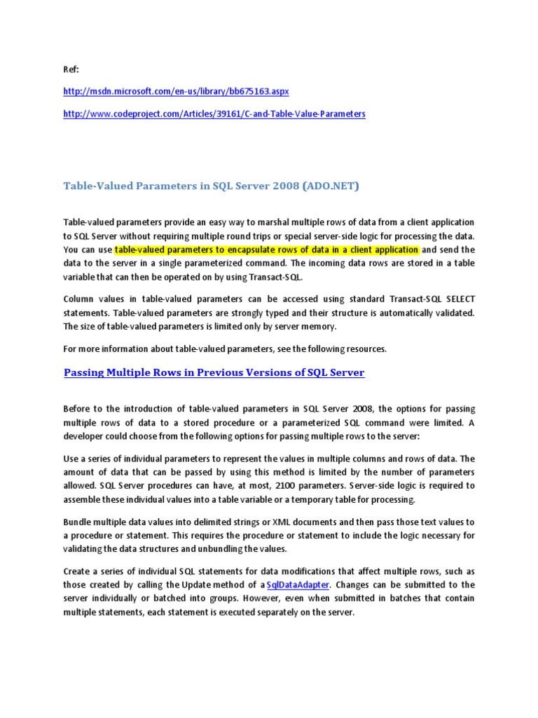 Table Value | Download Free PDF | Parameter (Computer Programming) | Microsoft Sql Server