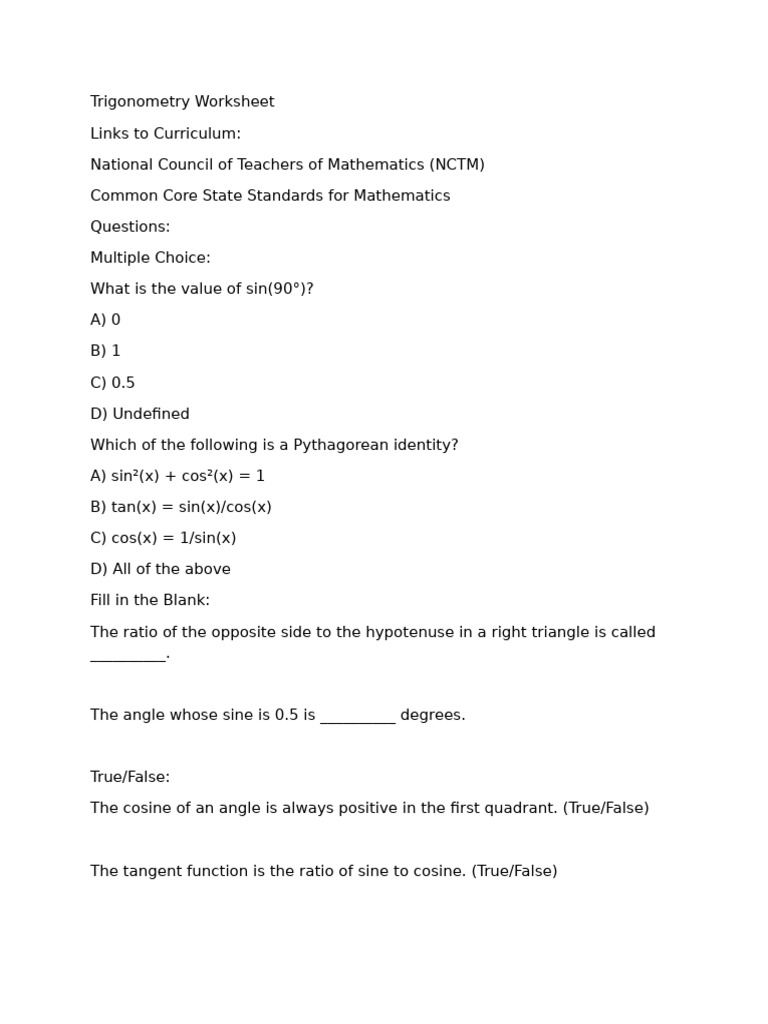 GRADE 10 MATH - Trigonometry Worksheet Style Questions | PDF