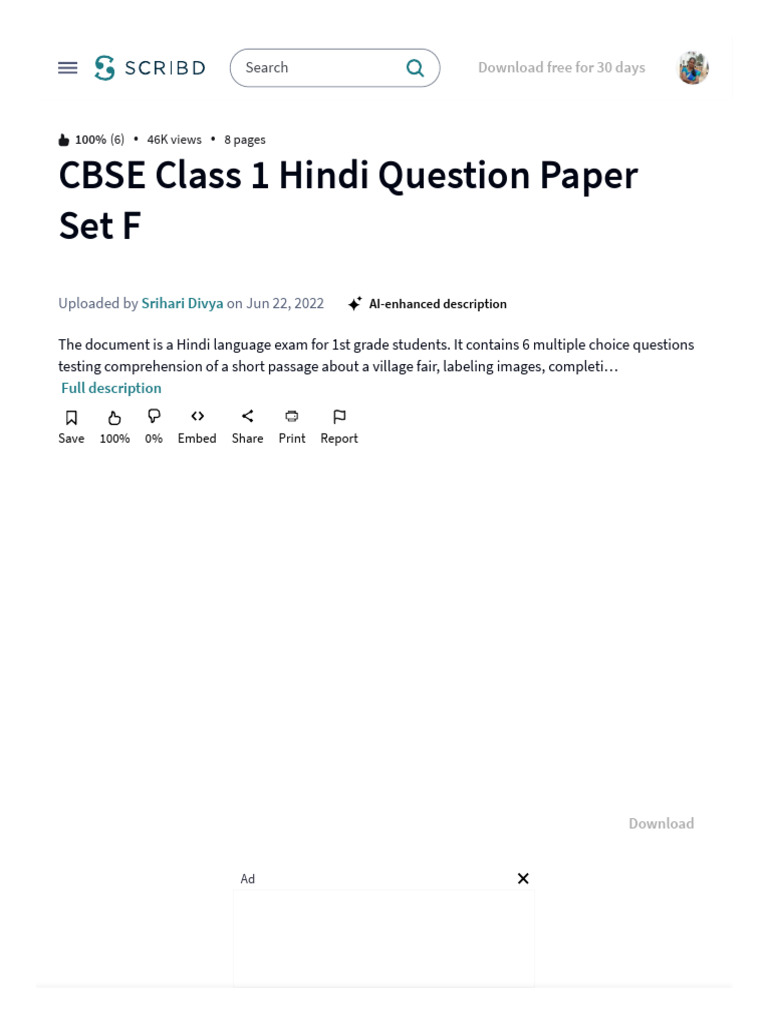 CBSE Class 1 Hindi Question Paper Set F | PDF | Scribd