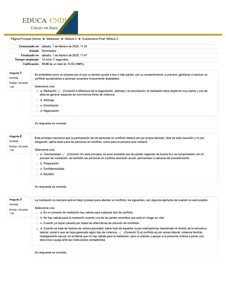 Cuestionario Final. Módulo 3 Mediacion y Resolucion Pacifica de ...