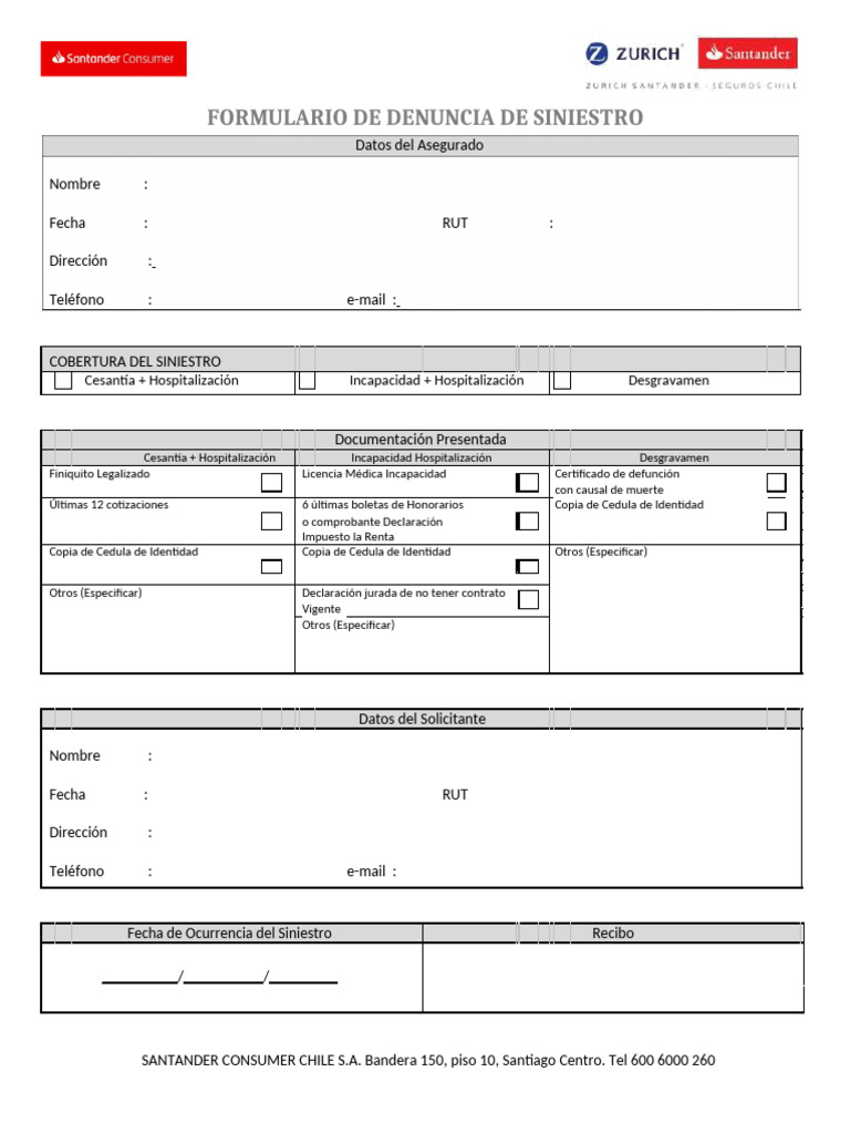 Formulario Denuncia Siniestro Desgravamen Cesantia Hosp Laboral Nuevo | PDF