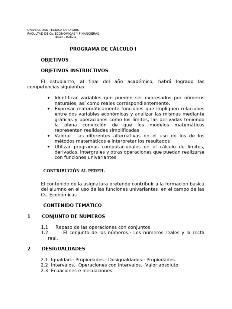 Programa Matematica I | PDF | Integral | Derivado