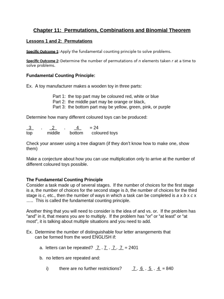 Math 30-1 Ch. 11 Lessons Student | PDF | Mathematics | Combinatorics