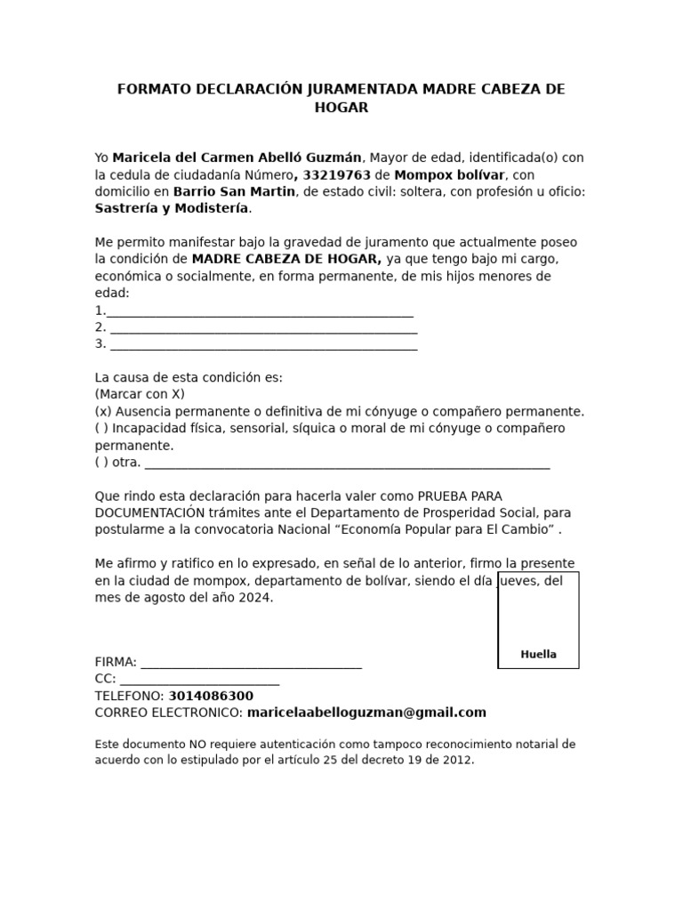 Declaración Juramentada Madres Cabeza de Hogar | PDF