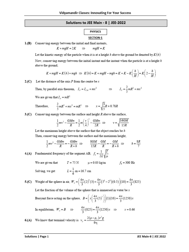 2022 JEE Main 8 Solutions | PDF | Force | Quantity