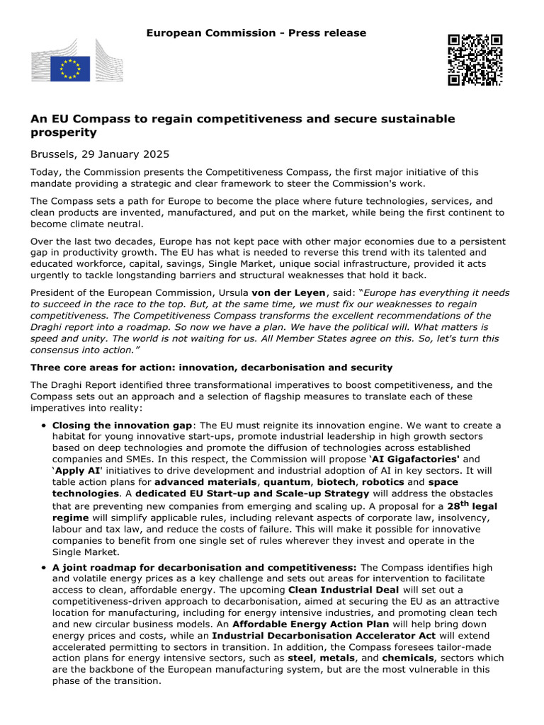 An EU Compass To Regain Competitiveness and Secure Sustainable ...