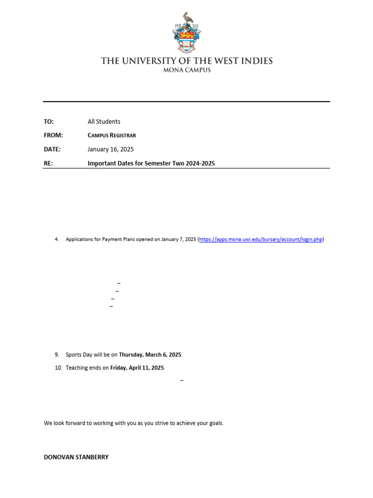 UWI Mona Important Dates Semester 2 2025 | PDF