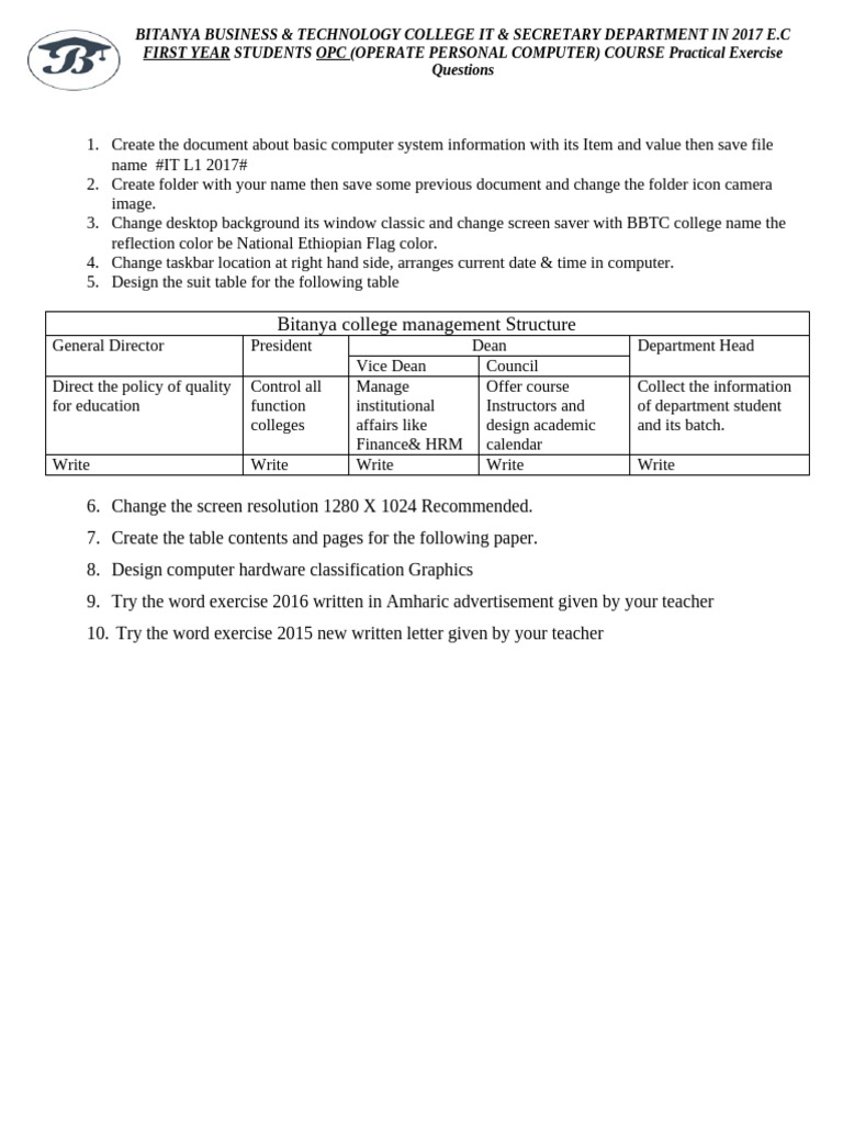 Bitanya College It Course Exercises 2017 Pdf