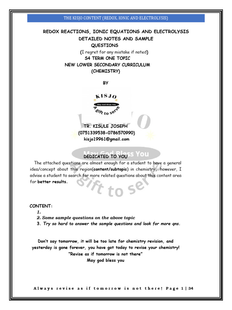 S.4 Topic 1-Redox Ionic and Electrolysis - 112136 | PDF | Redox | Ion