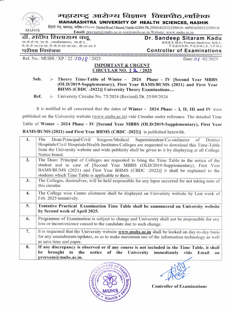 Theory Time-Table of Winter - 2024 Phase - IV (Second Year MBBS) | PDF