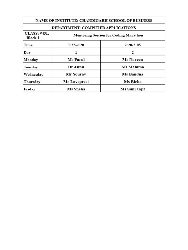 Coding Marathon Mentoring Schedule | PDF