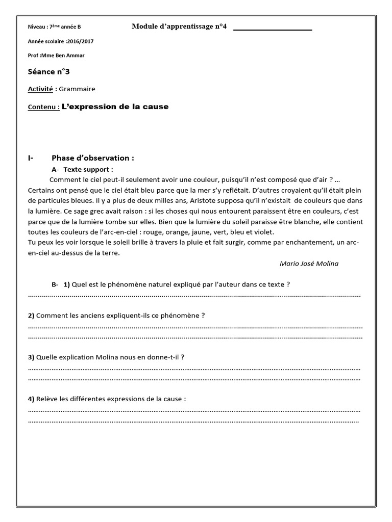 L'Expression de la Cause en 7ème Année | PDF | Arc en ciel