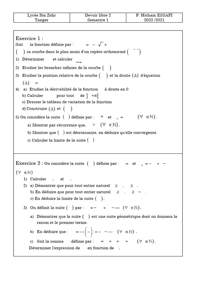 Devoir de maths 2 Bac PC Semestre 1 | PDF | Limite (mathématiques ...