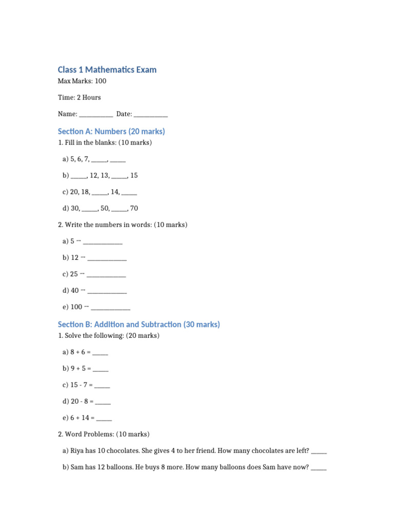 Class 1 Math Exam Paper | PDF