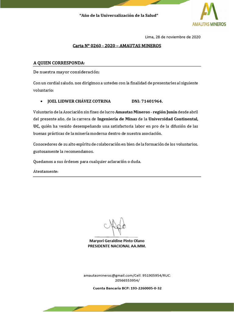 Carta Amautas Mineros JOEL LIDWER CHAVEZ COTRINA | PDF