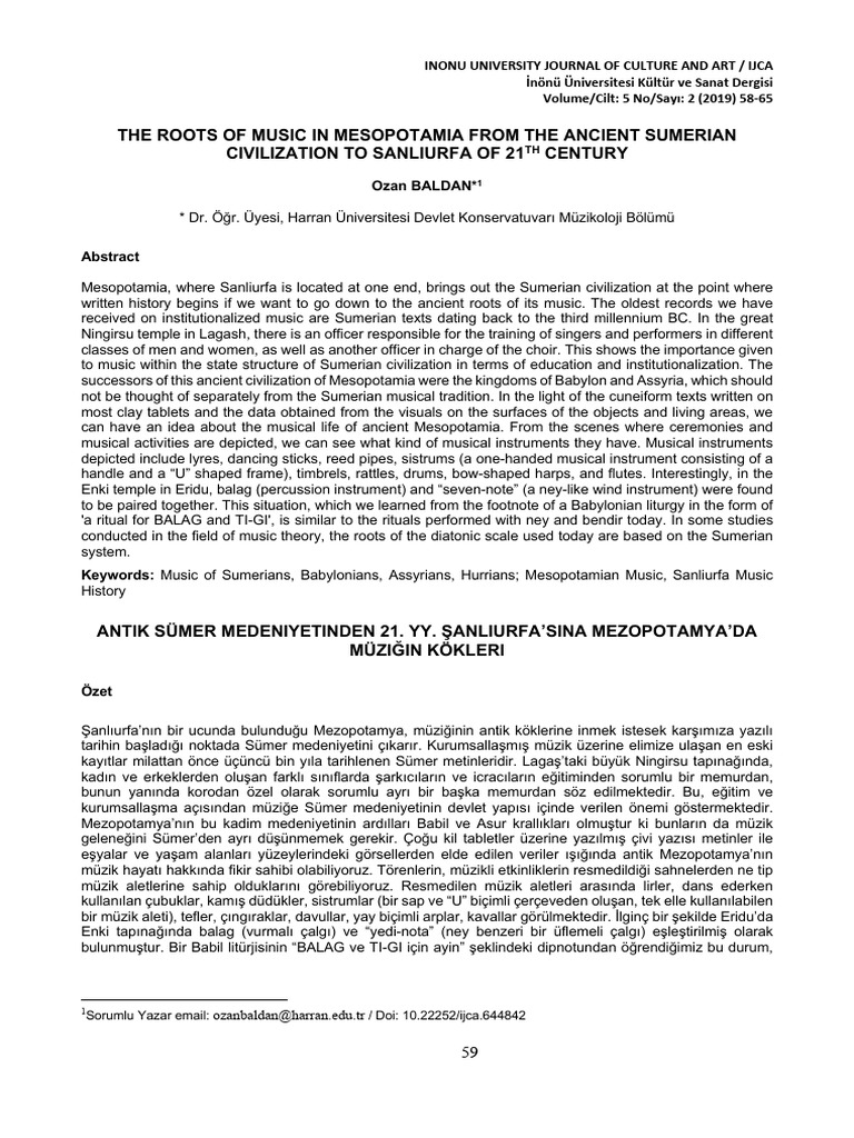 The Roots of Music in Mesopotamia From The Ancient Sumerian Civilization To Sanliurfa of 21TH ...