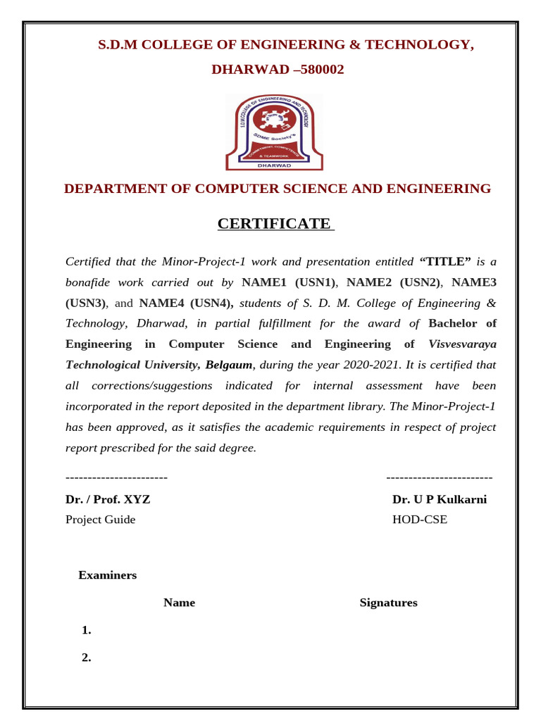 Minor Project Certificate - CSE 2021 | PDF