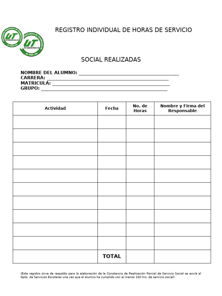 Registro De Horas De Servicio Social Pdf