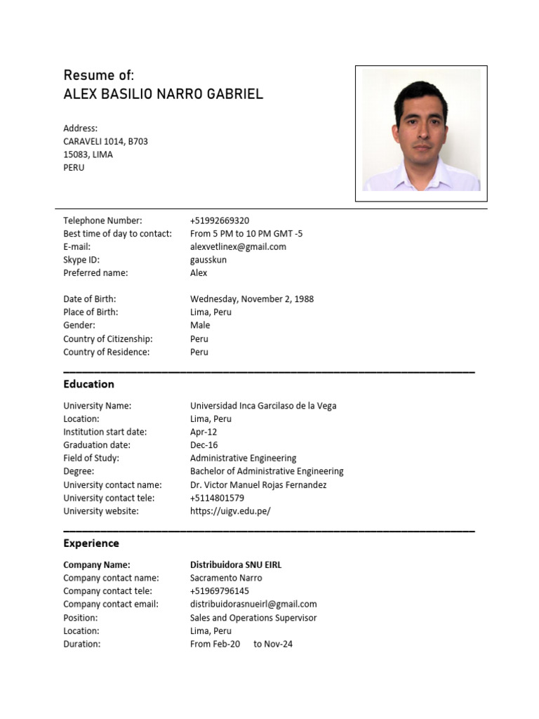 Alex Basilio Narro Gabriel Resume | PDF | Business
