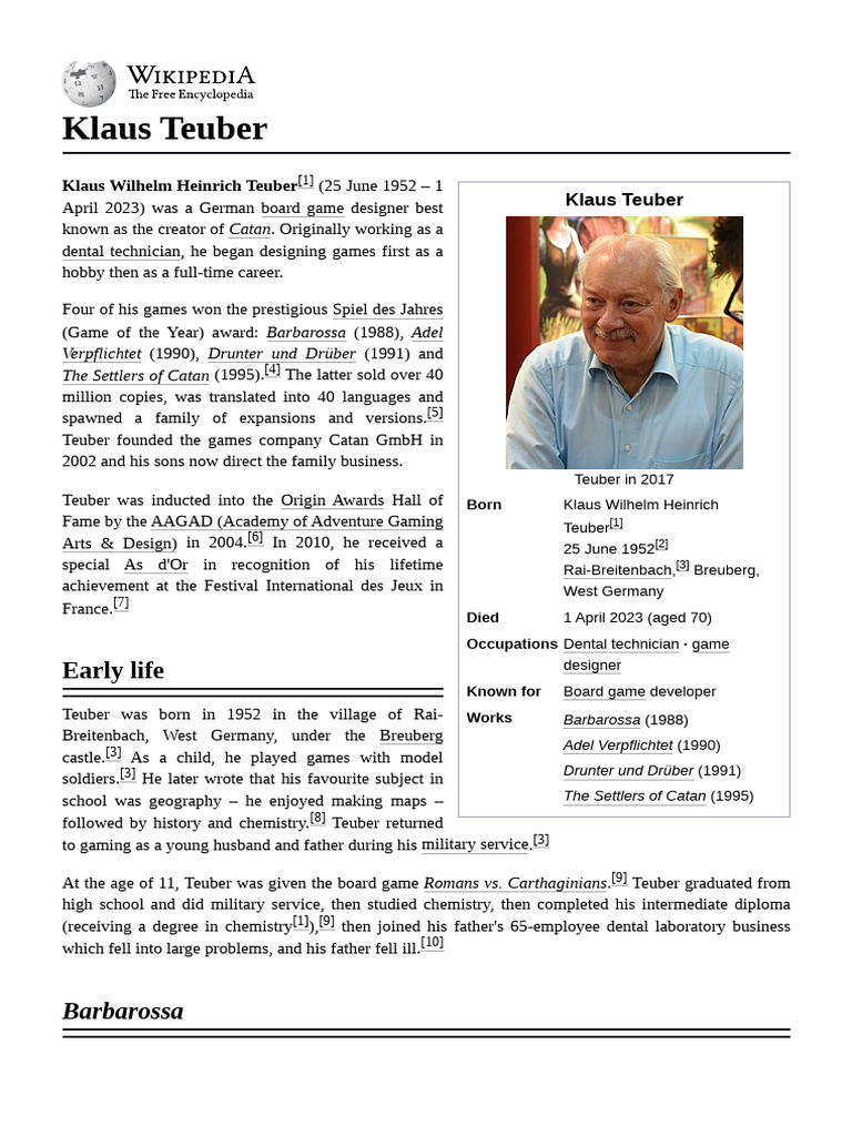 Klaus_Teuber | PDF | Games Of Mental Skill | Tabletop Games
