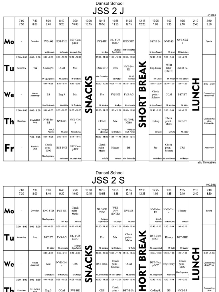 Jss2 2nd Term Class Timetable - 120407 | PDF