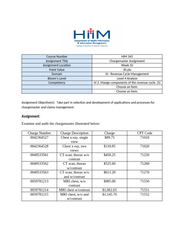 HIM 345 Chargemaster Assignment 2 | PDF | Magnetic Resonance Imaging | Ct Scan