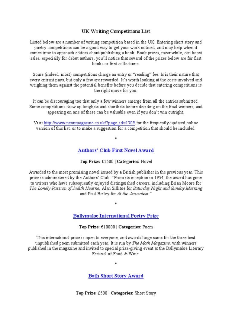 UK Writing Competitions Overview | PDF | Short Stories | Poetry