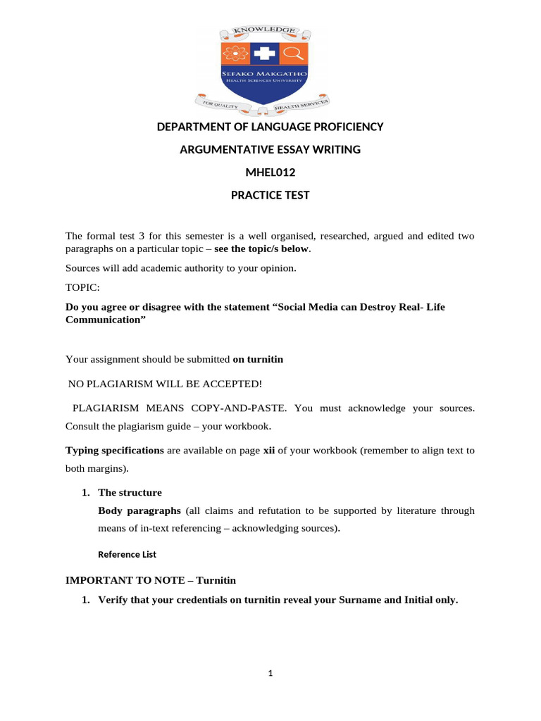 Argumentative Essay Practice Test | PDF