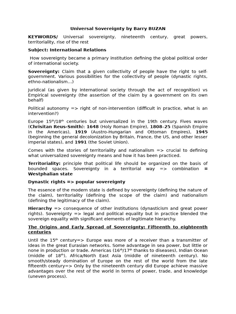 Universal Sovereignty by Barry BUZAN | PDF | Sovereignty | Nationalism