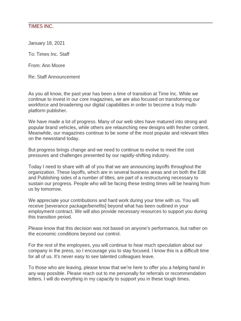 3. Indirect Approach Sample 2 Time Inc Layoff Emails | PDF