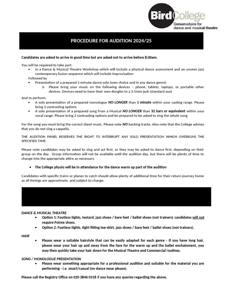 Audition Day Running Order - Alma Road 2024-25 | PDF | Audition ...