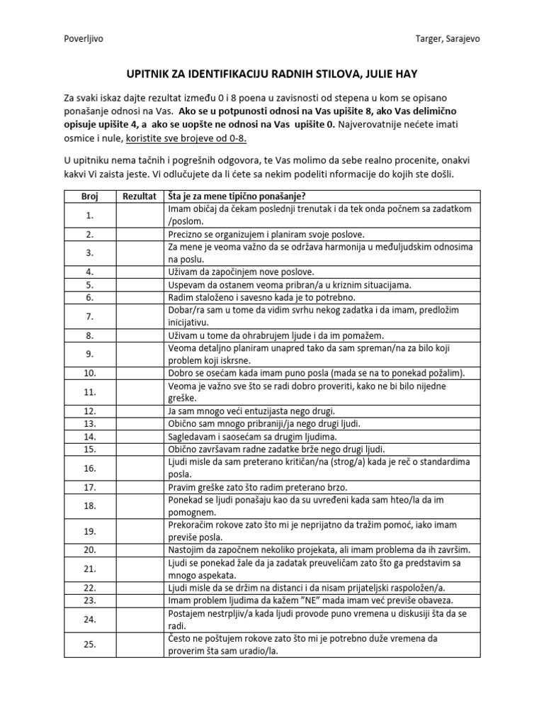 Radni Stilovi - Upitnik Prazan | PDF