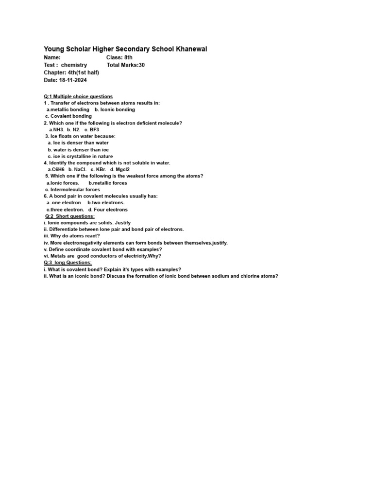 8th Chem 18 Nov Test | PDF
