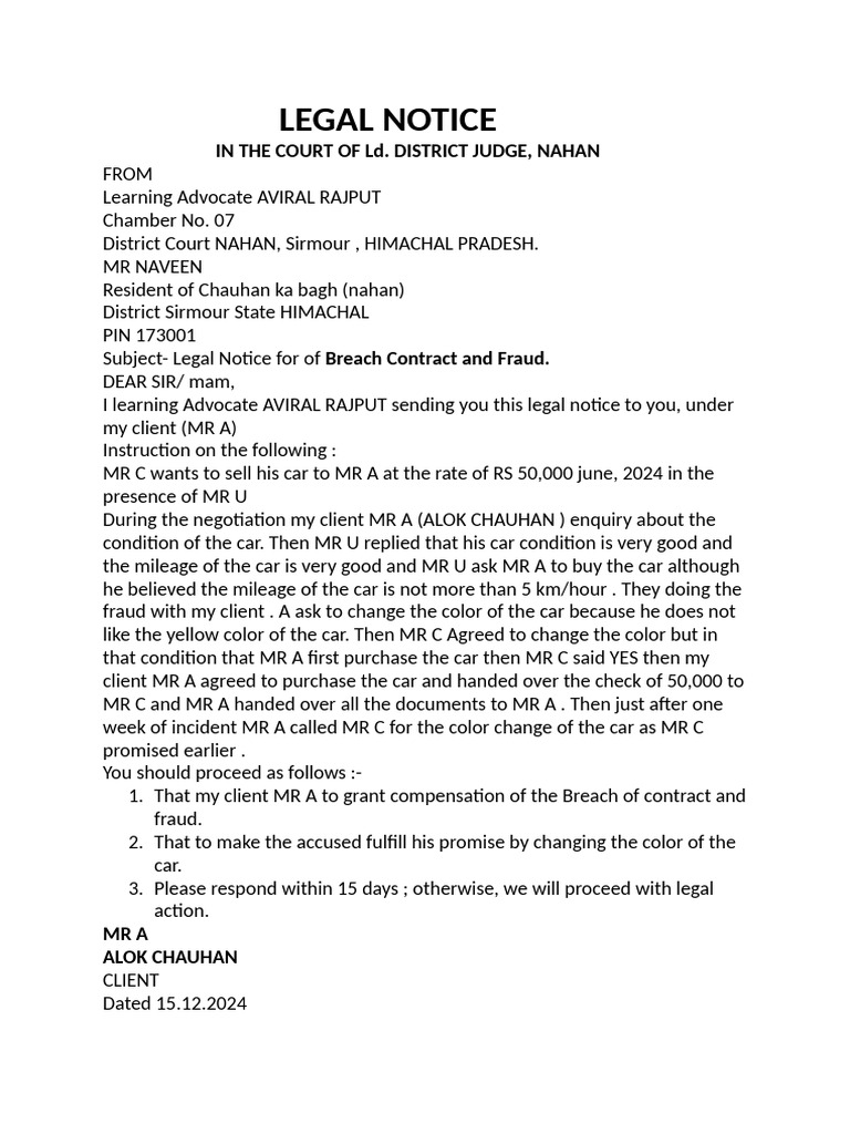 Legal Notice: Breach of Contract & Fraud | PDF