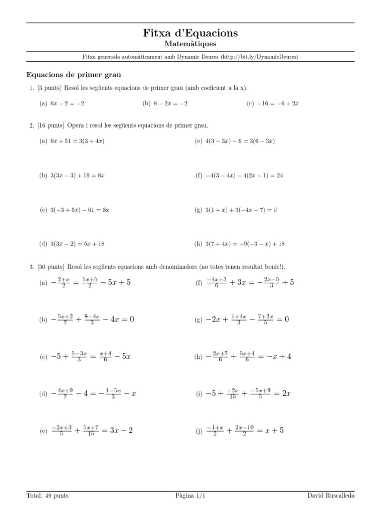 Fitxa Equacions Primer Grau | PDF